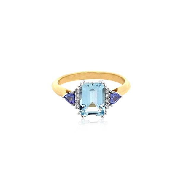 Maleah - aquamarine, tanzanite & diamond ring in 9ct yellow and white ...